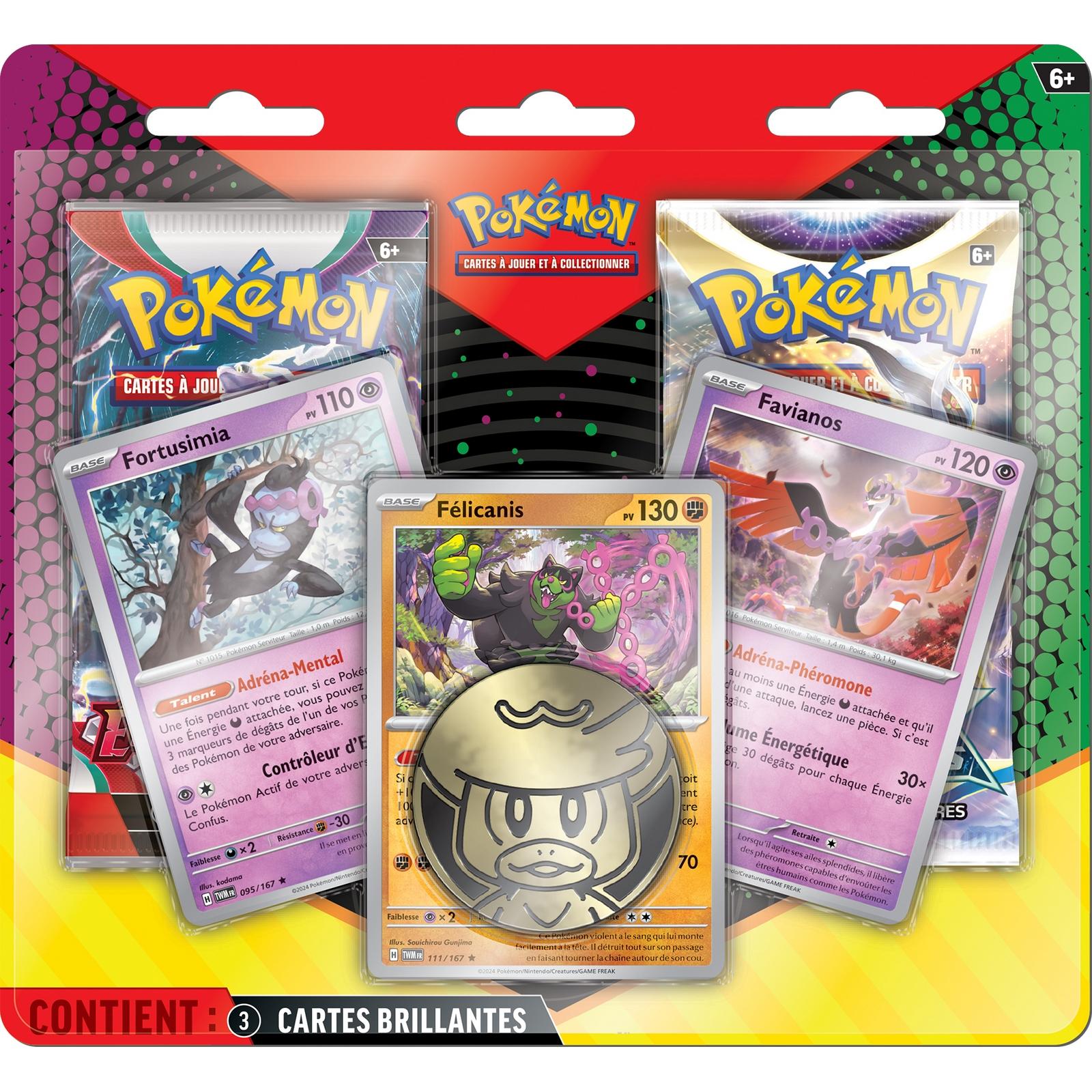 Pack 2 boosters Pokemon et 3 cartes brillantes Félicanis, Fortusimia ...